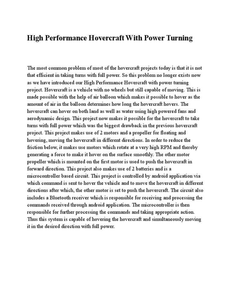 High Performance Hovercraft With Power Turning | PDF | Electric Motor ...