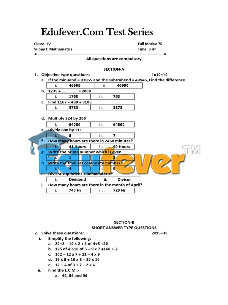 CBSE Class IV Math Sample Paper PDF | PDF | Subtraction | Division ...