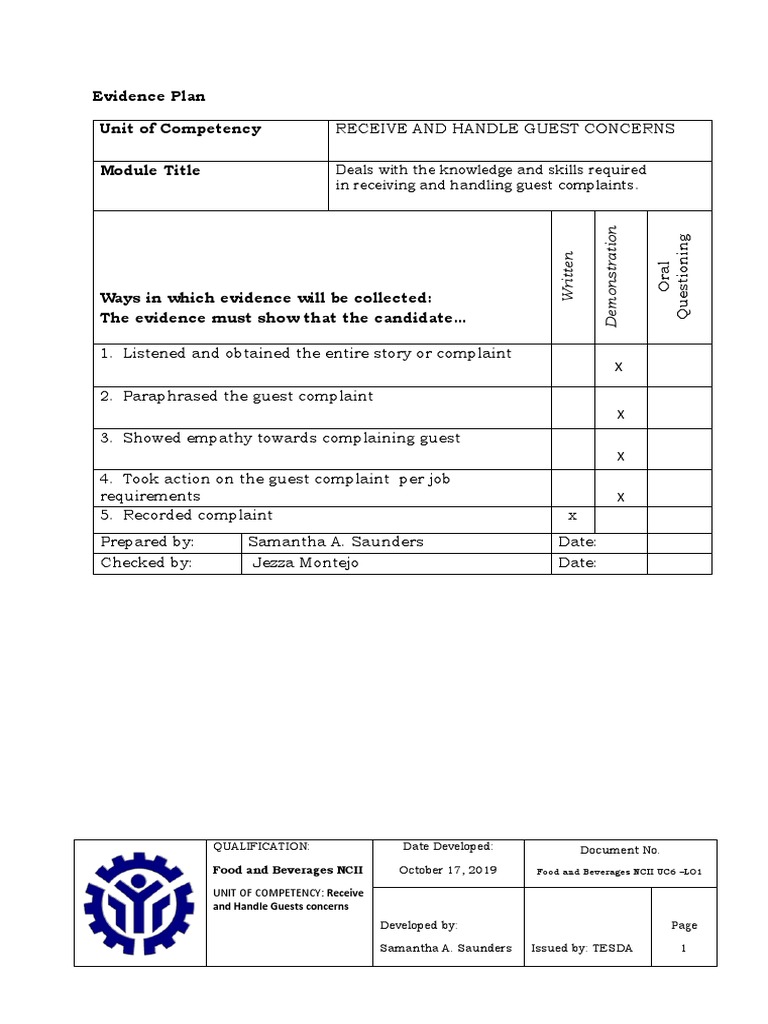 TESDA Evidence Plan for Guest Concerns | PDF | Empathy | Foods