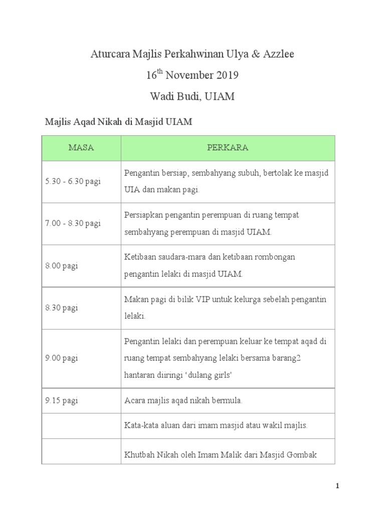 Aturcara Majlis Perkahwinan Ulya | PDF