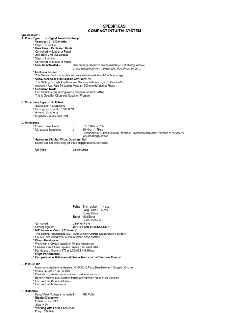 Spesifikasi Compact Intuitiv Phacoemulsification-New | PDF | Electrical ...