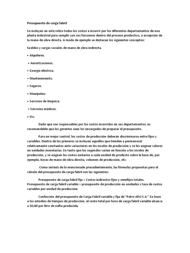 Presupuesto de Carga Fabril Detallado | PDF | Presupuesto | Gobierno