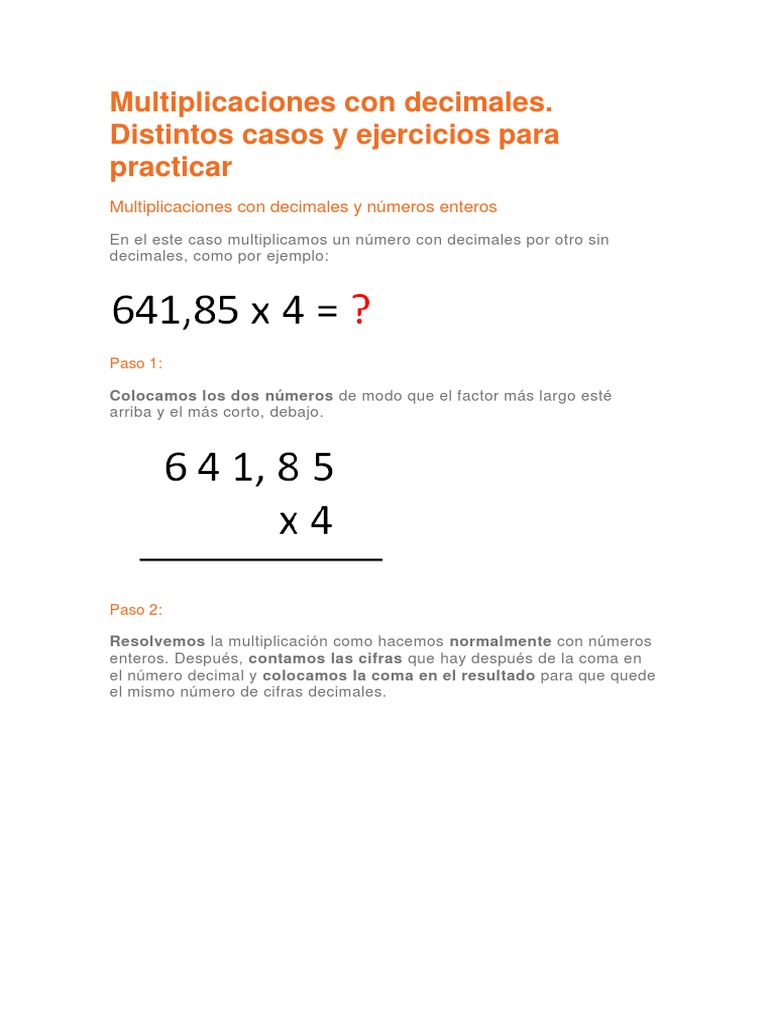 Multiplicar Decimales Paso A Paso Decimales Multiplicar Decimales 1