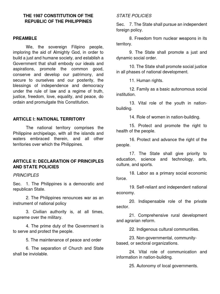 The 1987 Constitution Summary | PDF | Philippines | State (Polity)