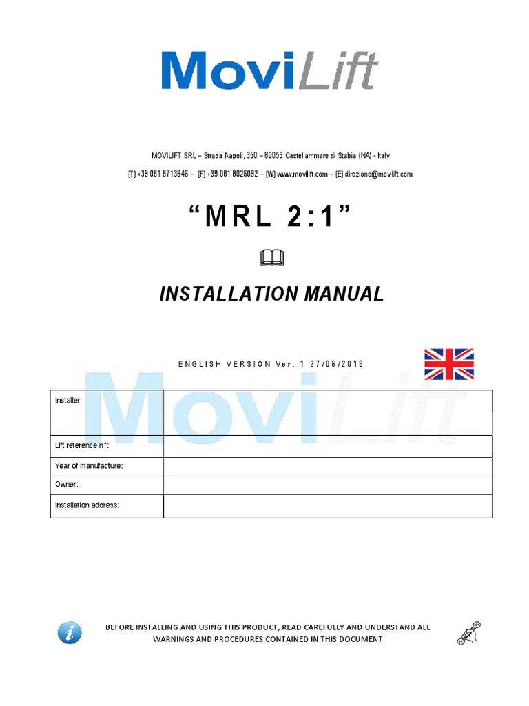 Movilift Eng MRL Installation Manual Rev. 1 | PDF | Elevator | Personal ...
