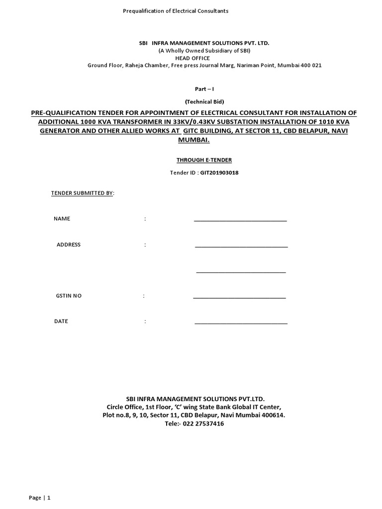 Electrical Consultant Tender at GITC Belapur | PDF | Specification ...