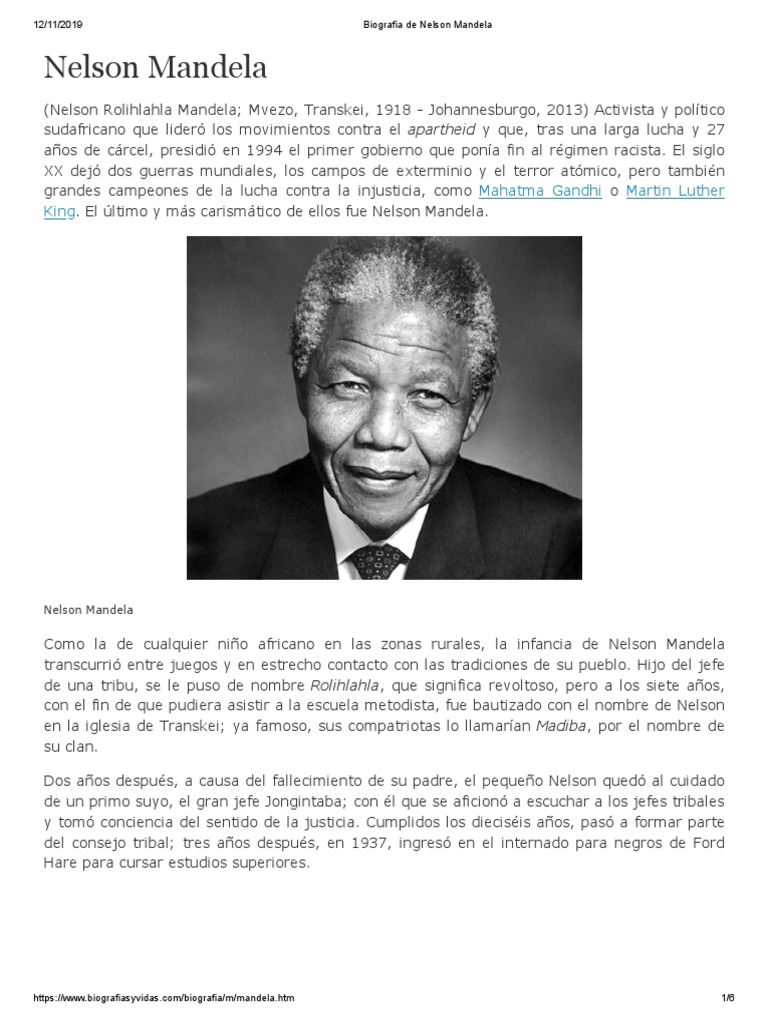 Biografia de Nelson Mandela | PDF | Nelson Mandela | Sudáfrica