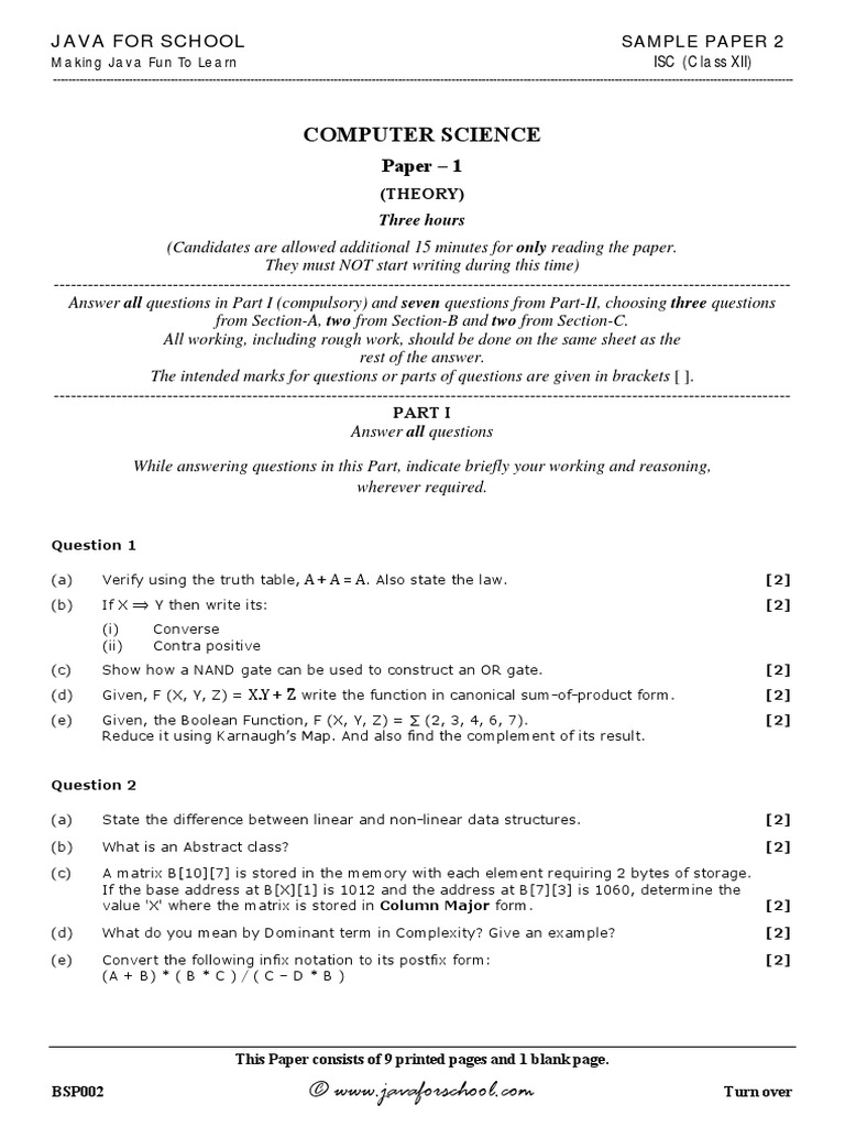 Computer Science ISC Sample Paper 2 PDF | Download Free PDF | Constructor (Object Oriented ...