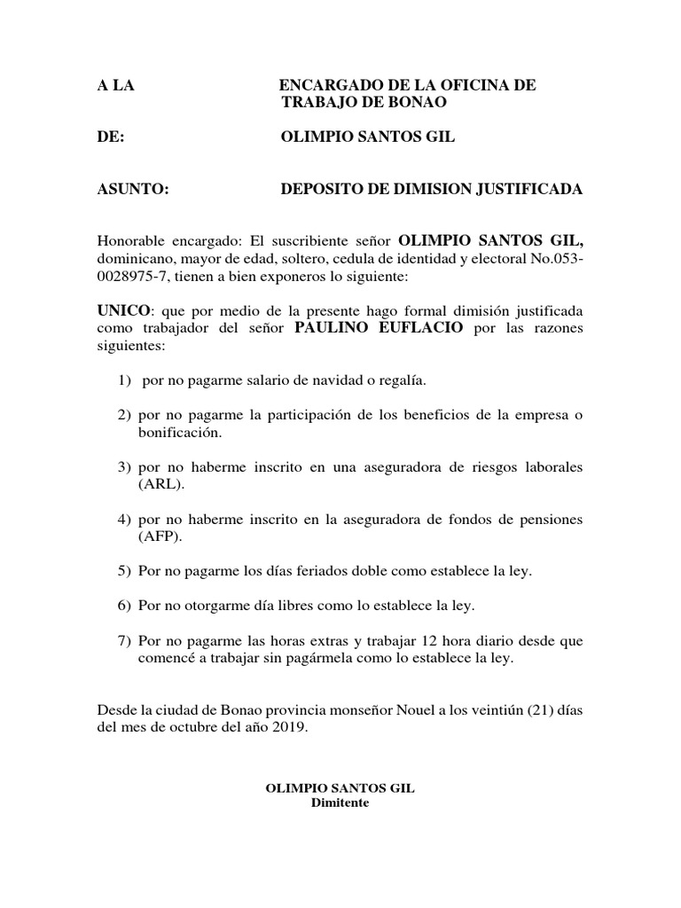 Carta de Dimisión Justificada de Olimpio Santos Gil | PDF | Finanzas y ...