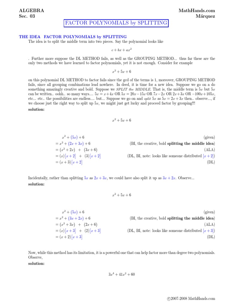 Splitting Middle Term - Quadratics | PDF | Factorization | Theoretical ...