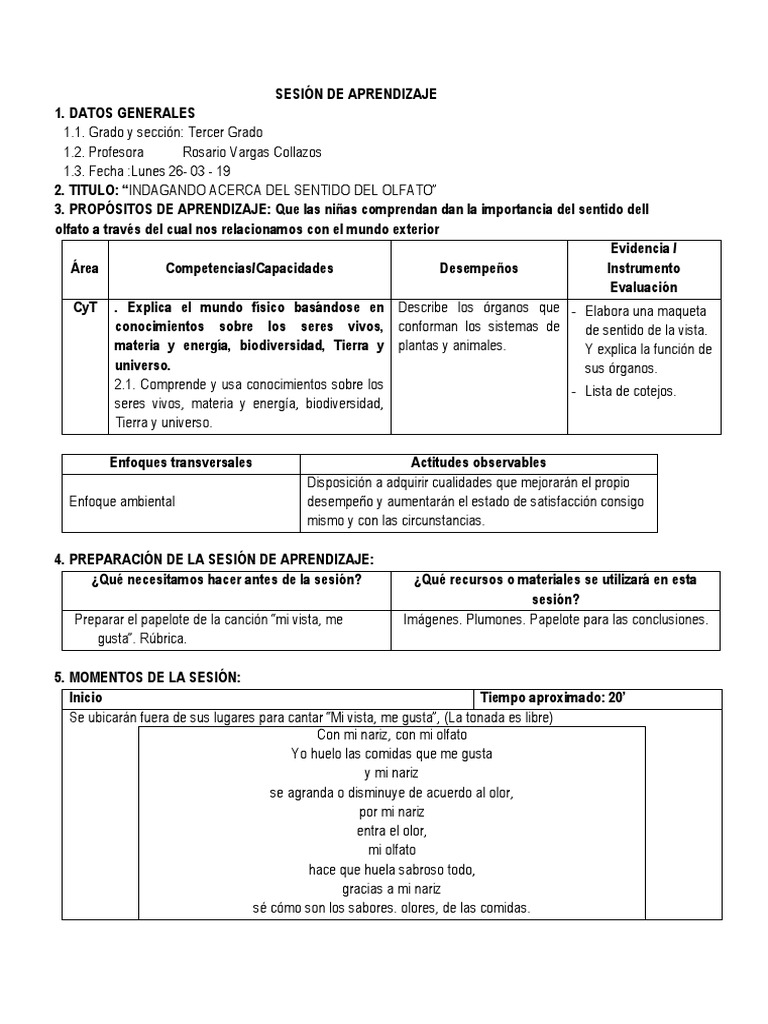 SESIÓN DE APRENDIZAJE El Sentido Del Olfato | PDF | Olfato | Aprendizaje