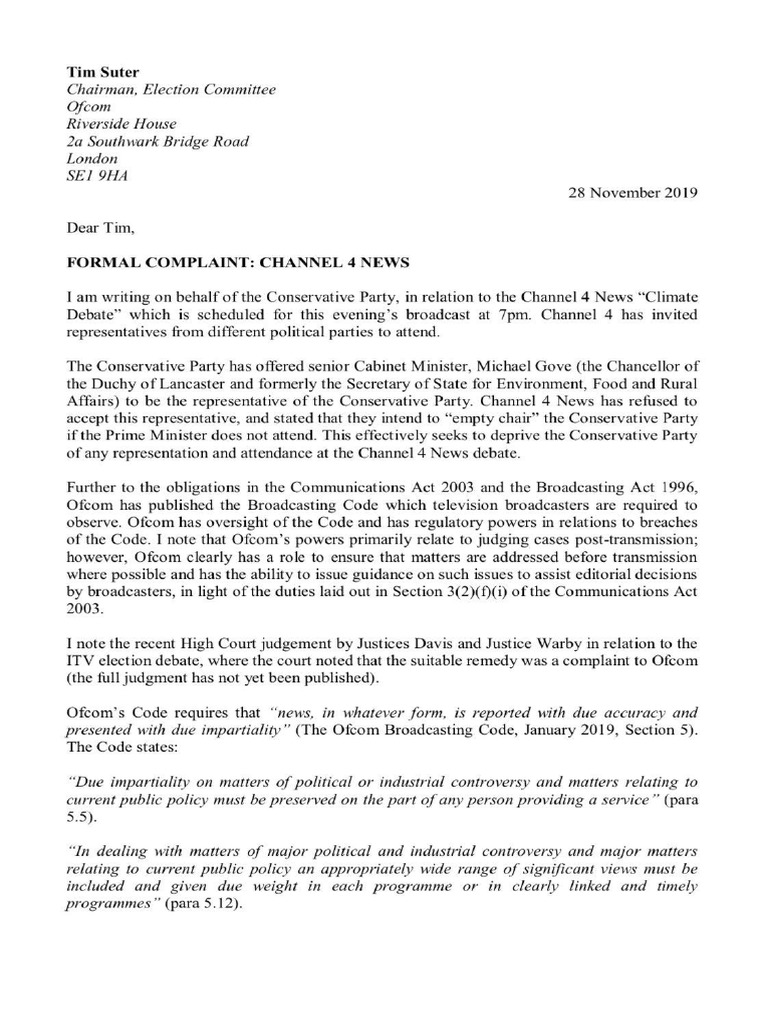 Conservative Ofcom Complaint Channel 4 | PDF