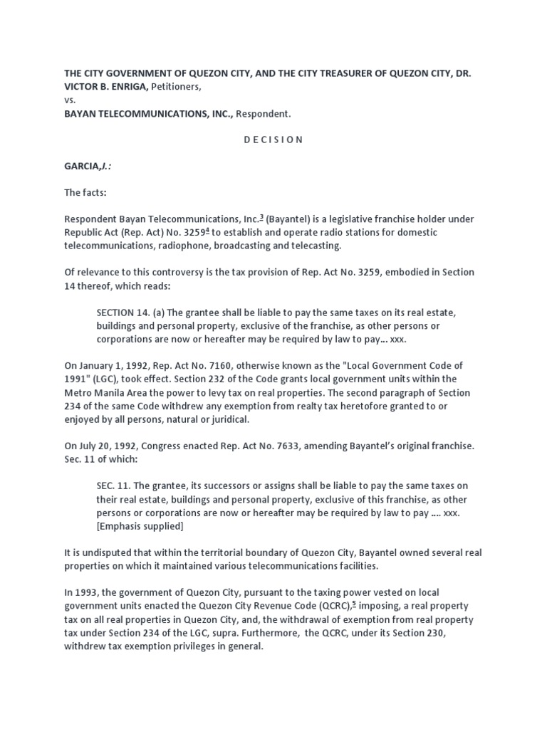 46-Quezon City Vs Bayantel | PDF | Franchising | Tax Exemption