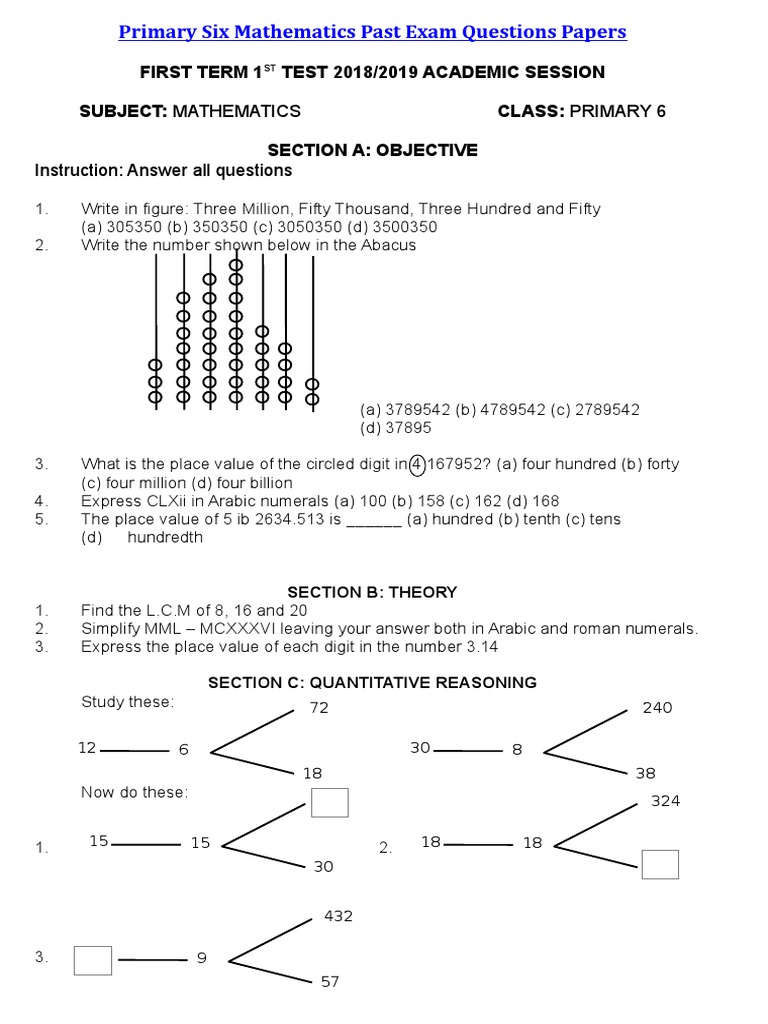 Primary Six Mathematics Past Exam Questions Papers | PDF