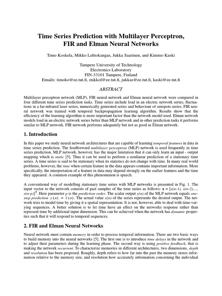 Time Series Forecasting With Multilayer Perceptrons and Elmen Neural ...