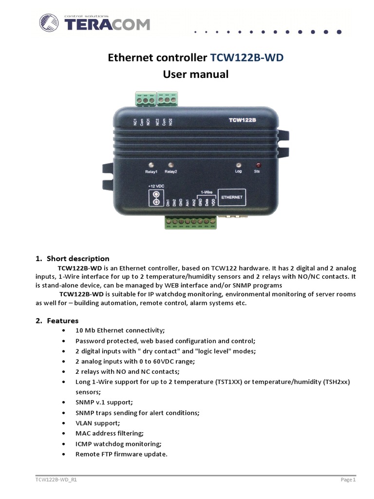 Guide to Installing and Configuring the TCW122B-WD Ethernet Controller ...
