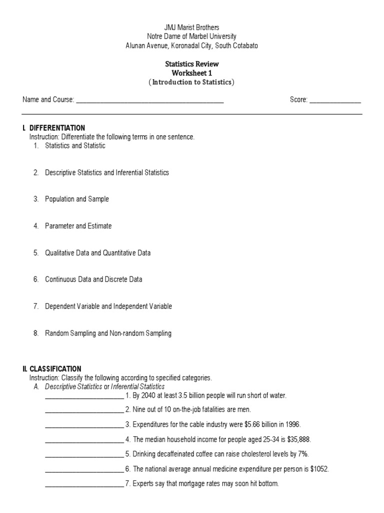 Statistics Review Worksheet 1 | PDF | Level Of Measurement | Statistics