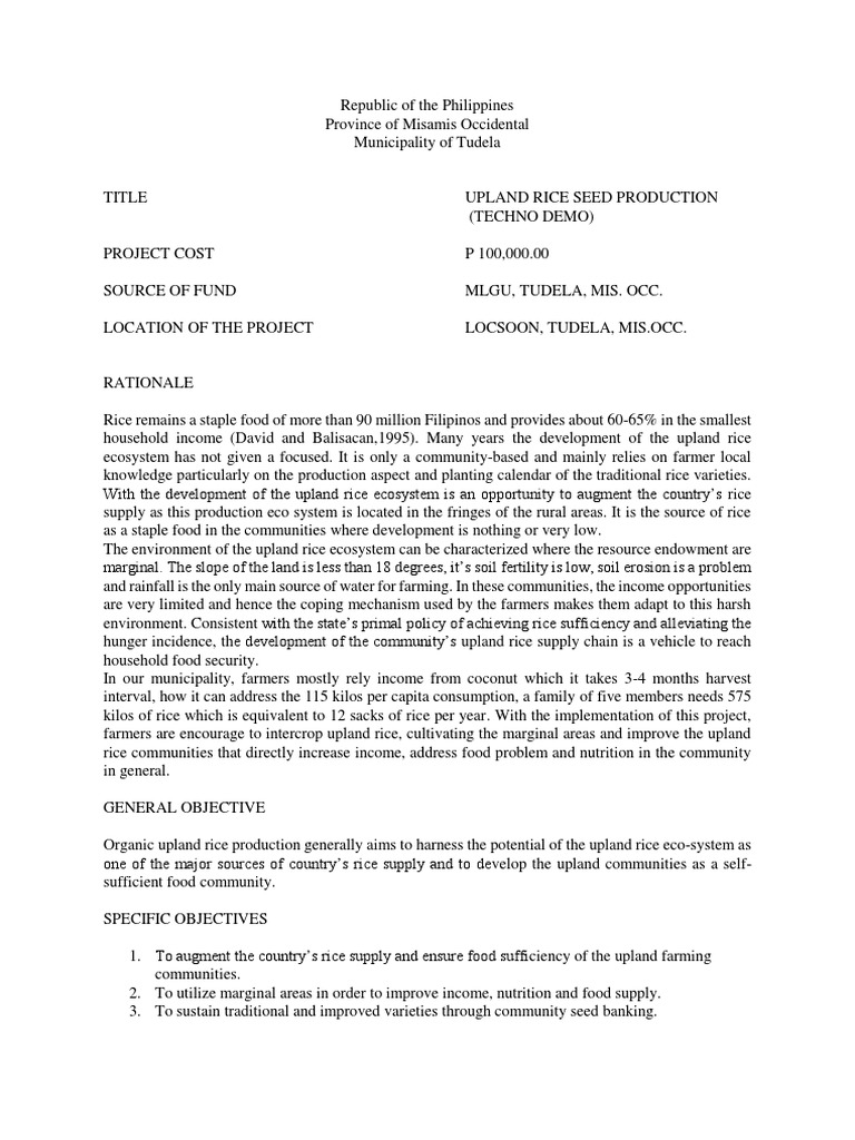 Upland Rice Seed Production Project Proposal | PDF | Rice | Food Security