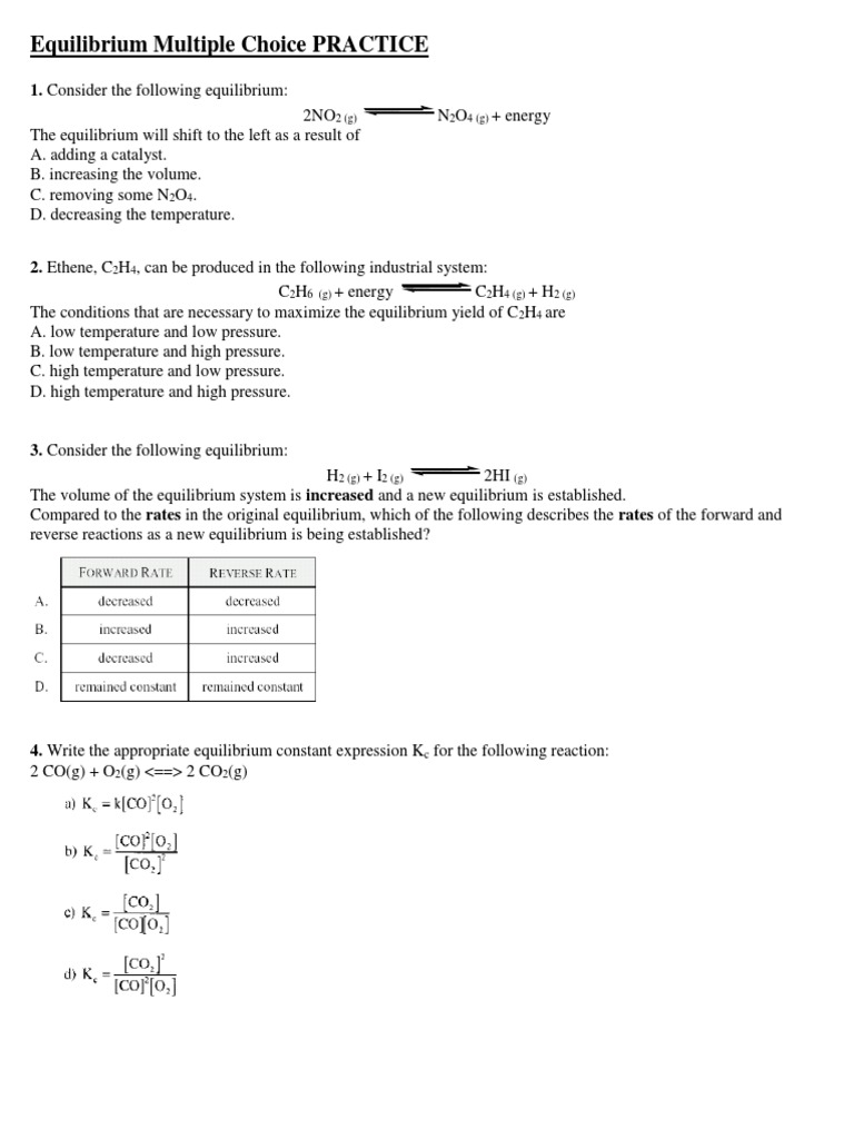 Equilibrium Practice Exam (Multiple Choice) With Answers | Chemical ...