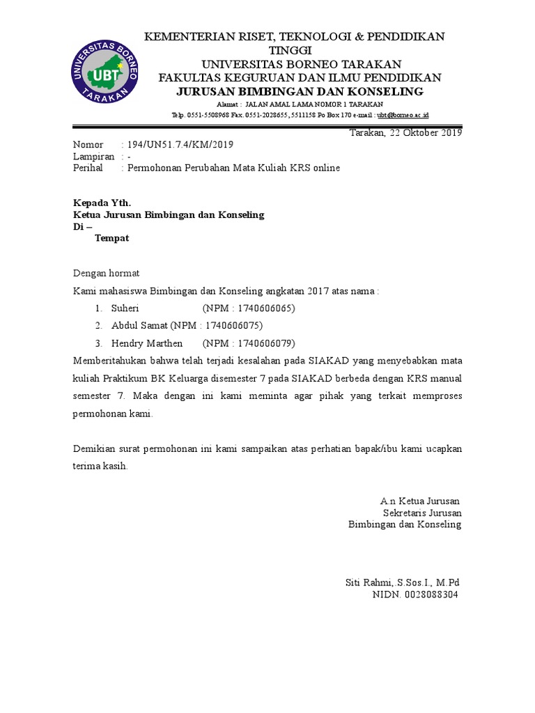 Surat Permohonan Perubahan Krs Onlline | PDF