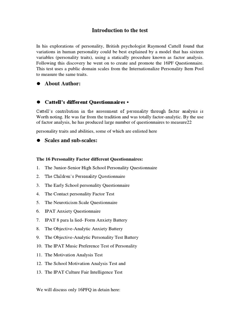 Introduction to Cattell's 16PF test | PDF | Psychological Concepts ...