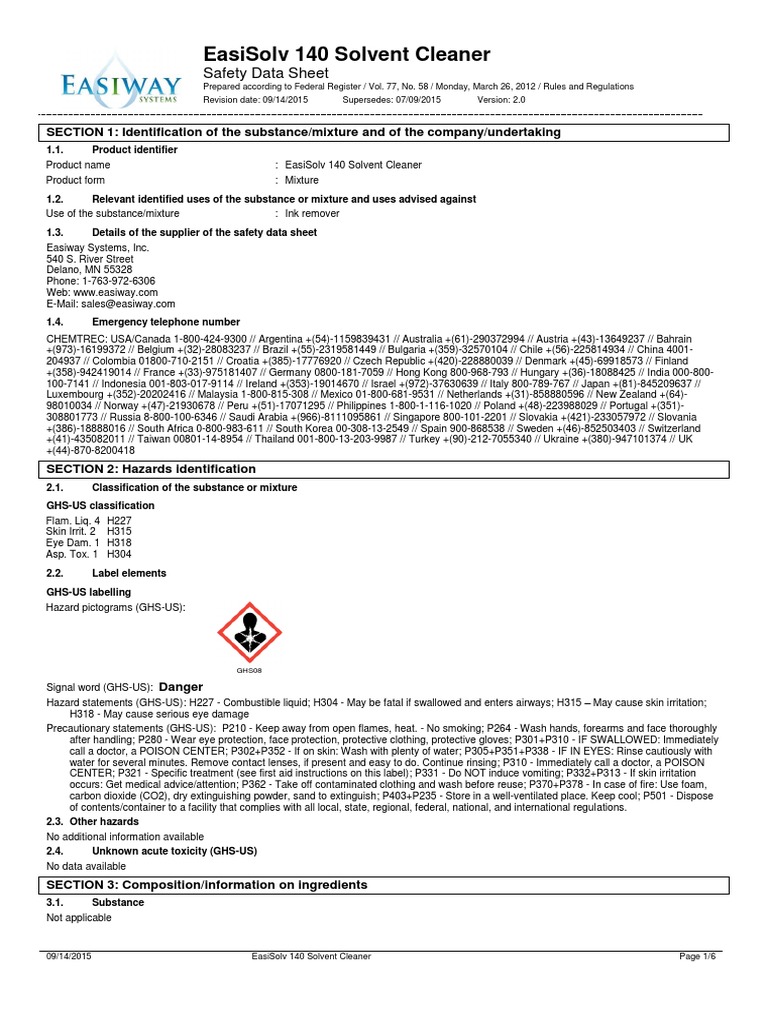 SDS-EasiSolv 140 Solvent Cleaner v3 | PDF | Toxicity | Firefighting