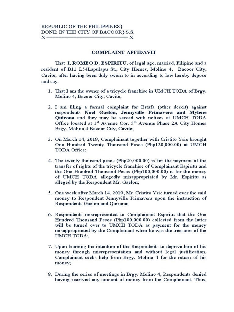 Affidavit Complaint For Estafa Espiritu | PDF | Affidavit | Social Institutions