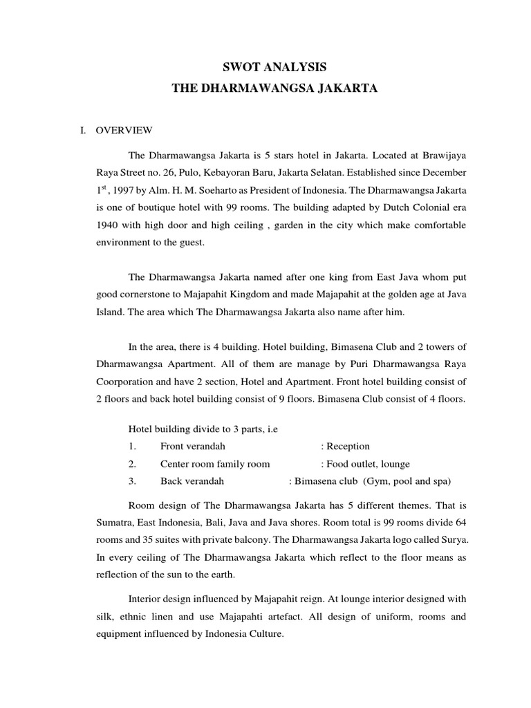 Swot Analysis The Dharmawangsa Jakarta | PDF | Hotel | Jakarta