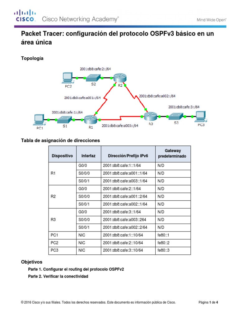 8.3.3.5 Packet Tracer - Configuring Basic OSPFv3 in A Single Area Instructions - ILM | PDF ...