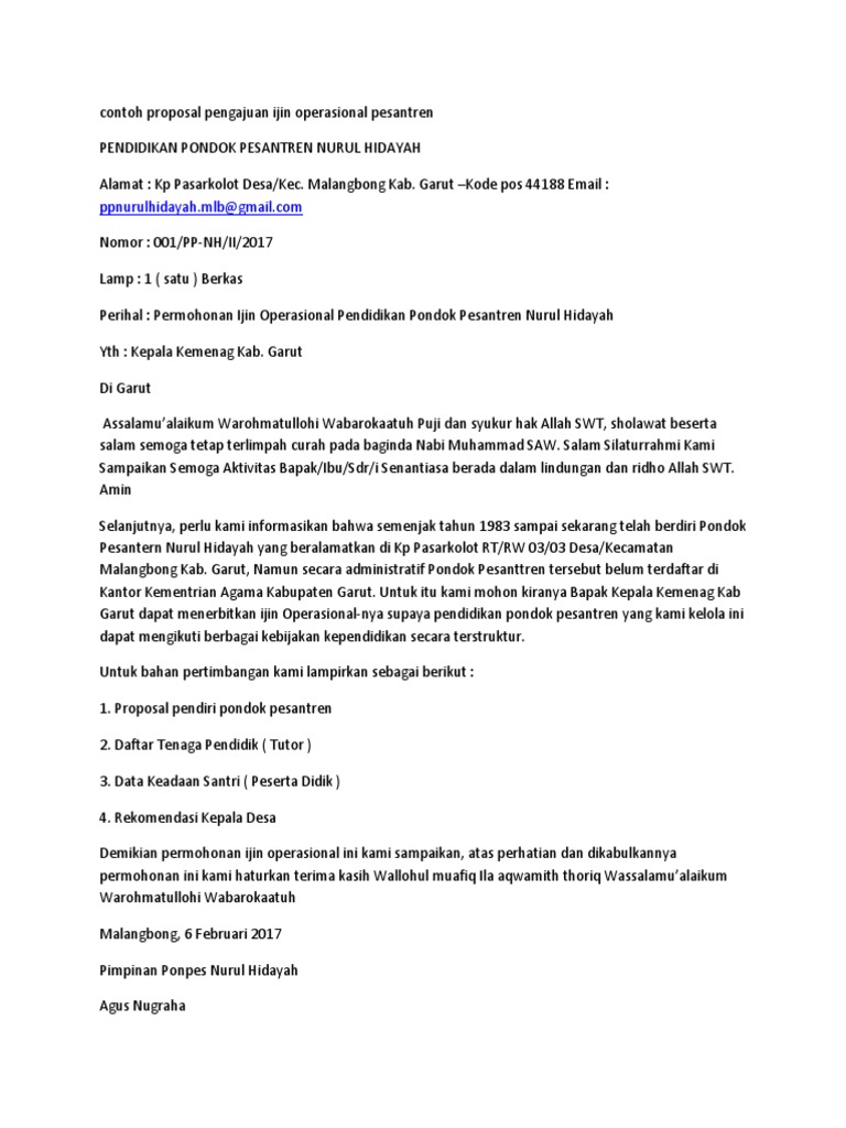 Contoh Proposal Pengajuan Ijin Operasional Pesantren | PDF