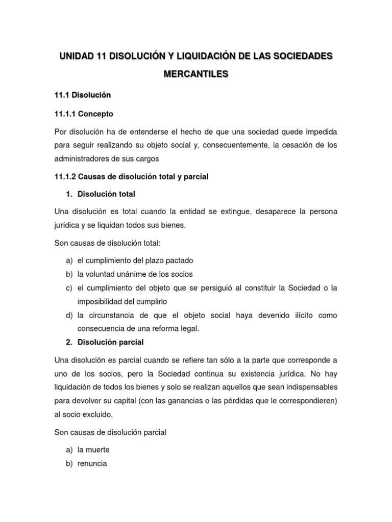 Unidad 11 Disolucion y Liquidacion de Las Sociedades Mercantiles | PDF | Sociedad de ...
