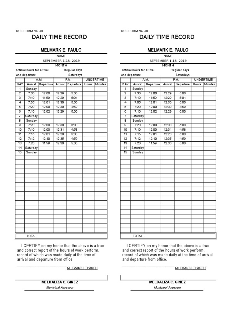 Daily Time Record - CSC Form No. 48 | PDF | Violence