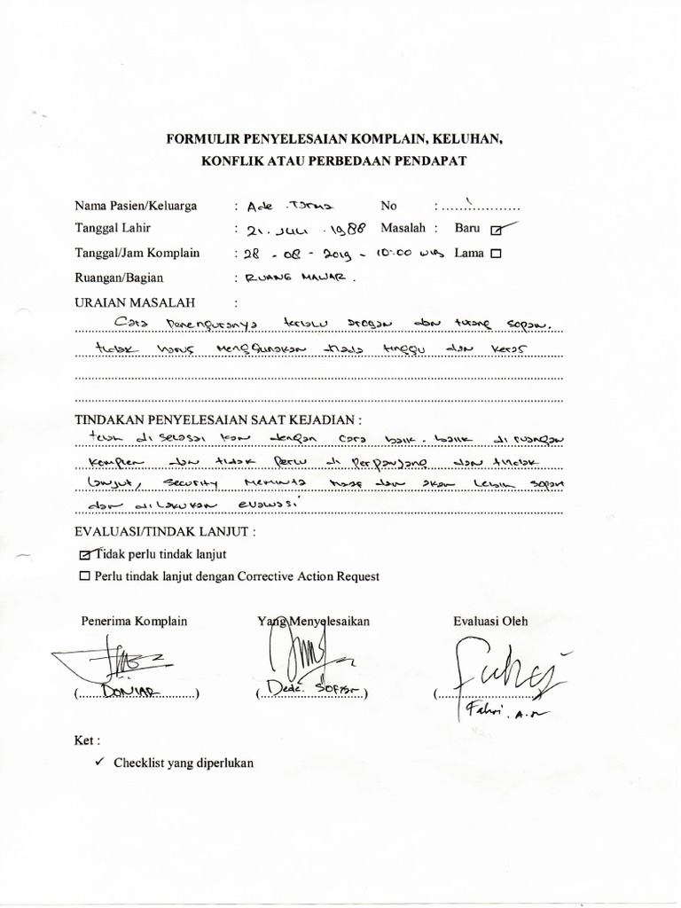 FORM Penyelesaian Komplain | PDF