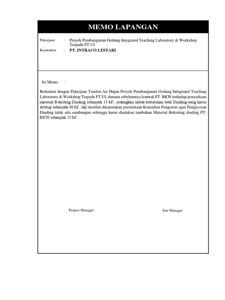 Memo Lapangan Bekisting Tandon | PDF