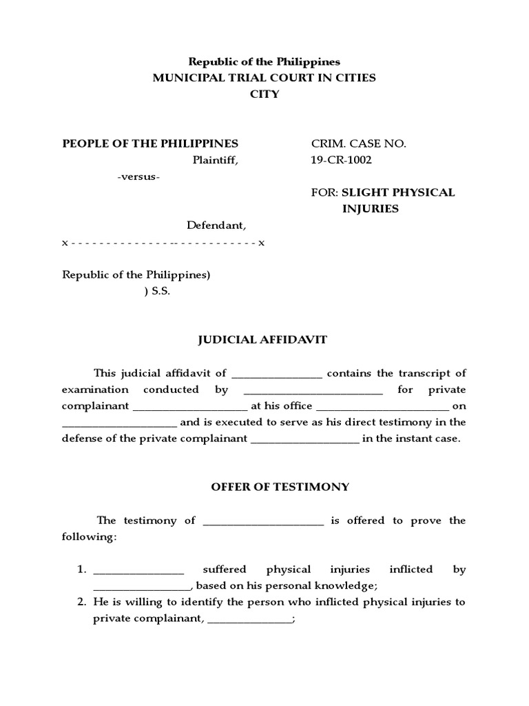 Judicial Affidavit for Slight Injuries | PDF | Affidavit | Plaintiff