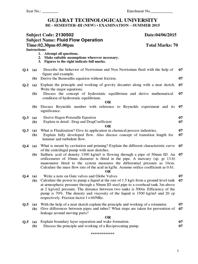 Gtu Paper | PDF | Fluid Dynamics | Reynolds Number