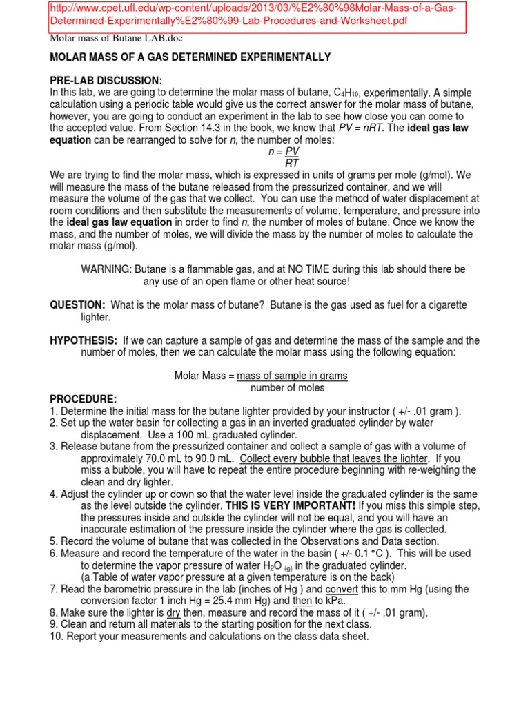 Molar Mass of Butane Lab Guide | PDF | Mole (Unit) | Molar Concentration
