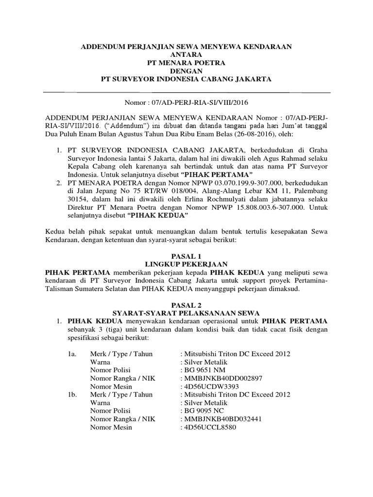 Addendum Perjanjian Sewa Menyewa Kendaraan | PDF