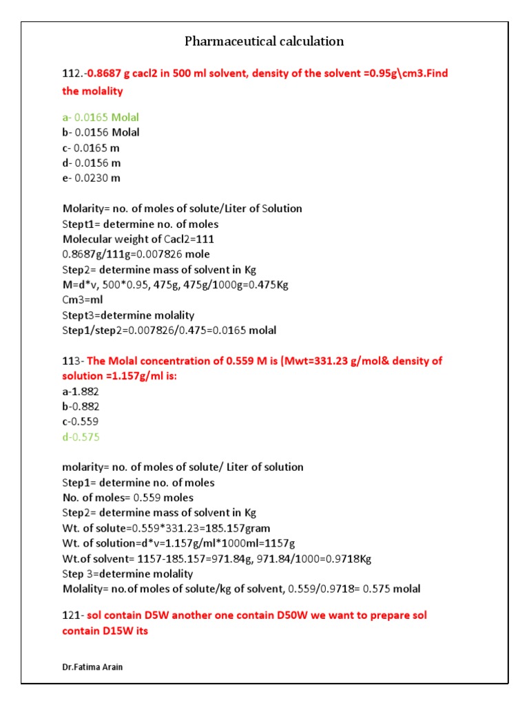 Pharmaceuticals Calculations | PDF | Molar Concentration | Mass ...