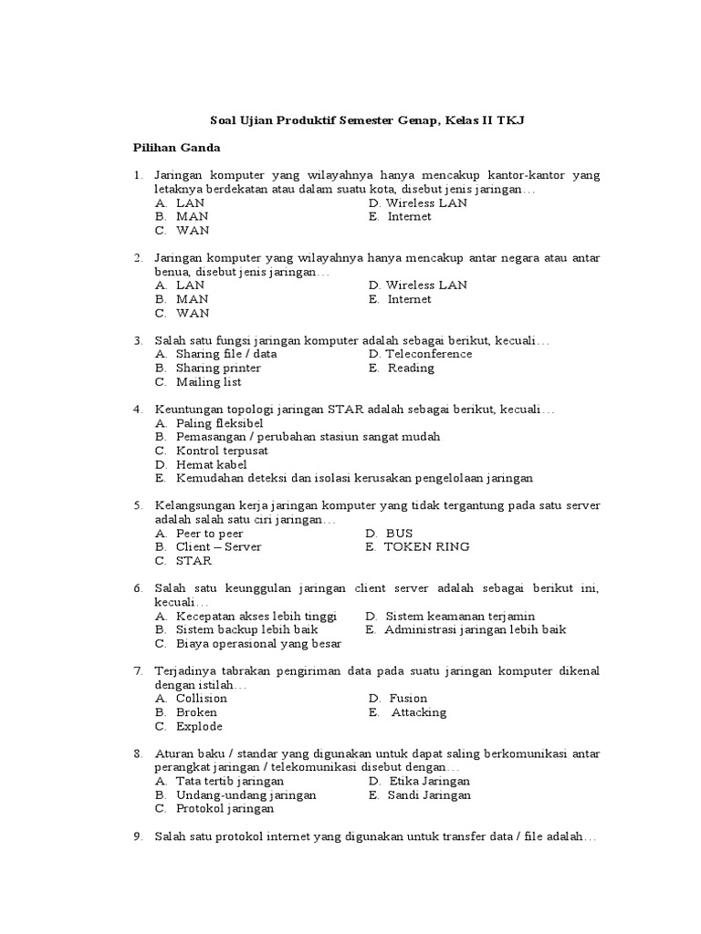 Soal TKJ Kelas 2 | PDF | Metode & Bahan Ajar | Teknologi & Rekayasa