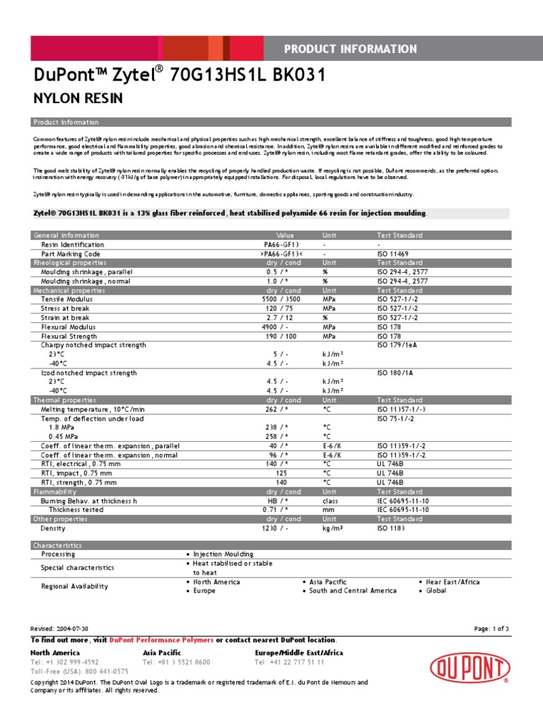 Zytel 70 G13 HS1 LBK031 | PDF | Nylon | Chemical Compounds