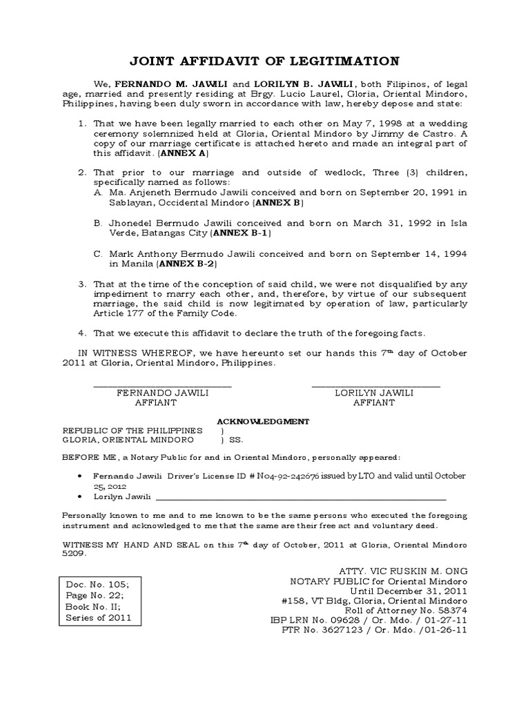 Joint Affidavit of Legitimation (Jawili) | PDF | Affidavit | Civil Law ...