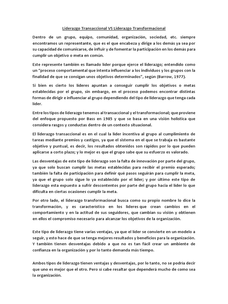 Liderazgo Transaccional Vs Liderazgo Transformacional | PDF | Liderazgo | Conceptos psicologicos