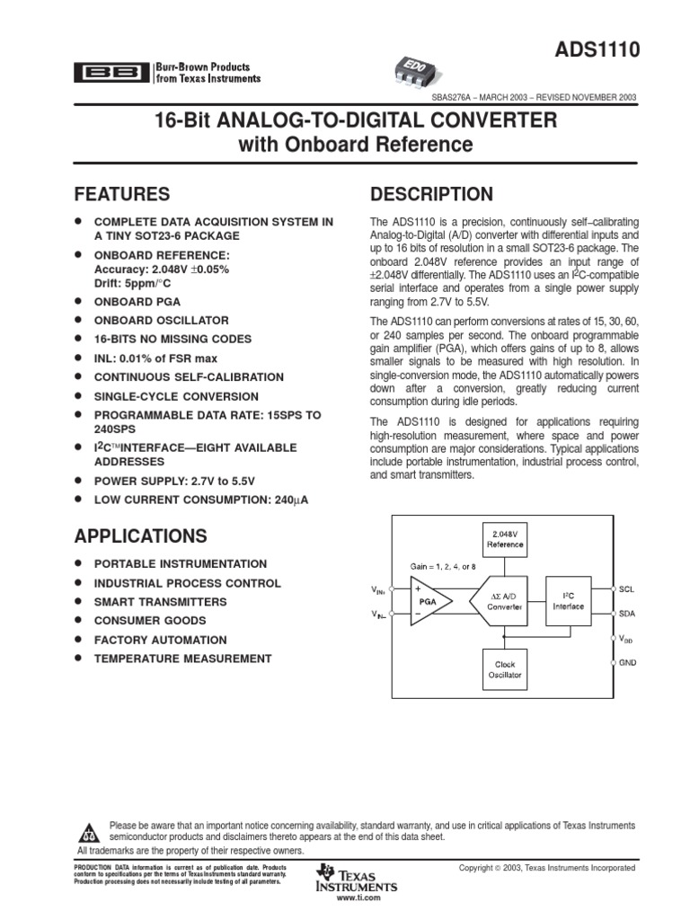 Ads 1110 | PDF | Analog To Digital Converter | Electronic Filter