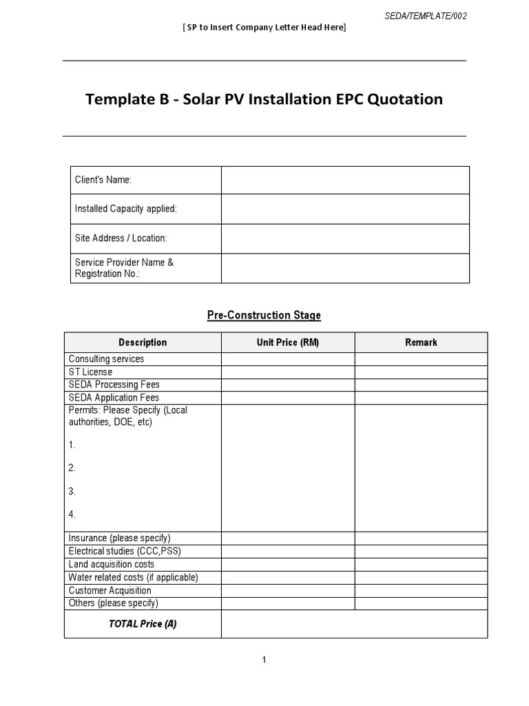 Template B - EPC Quotation For Solar PV Installation (23.10.2015) | PDF ...