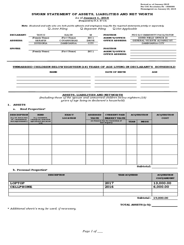 Revised SALN Form NEW 2018 | Download Free PDF | Net Worth | Identity ...