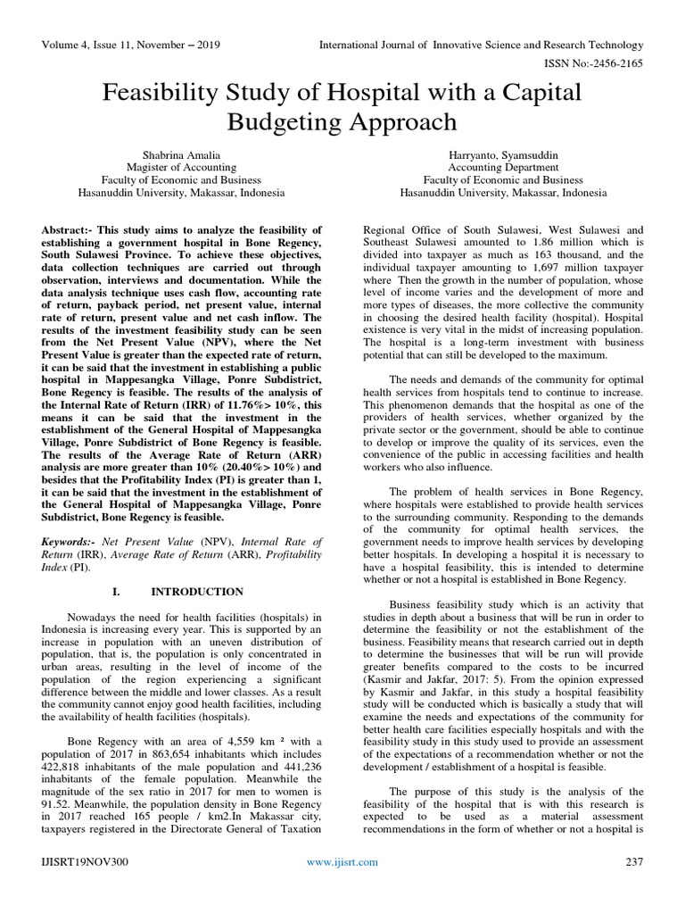 Feasibility Study of Hospital With A Capital Budgeting Approach | PDF ...