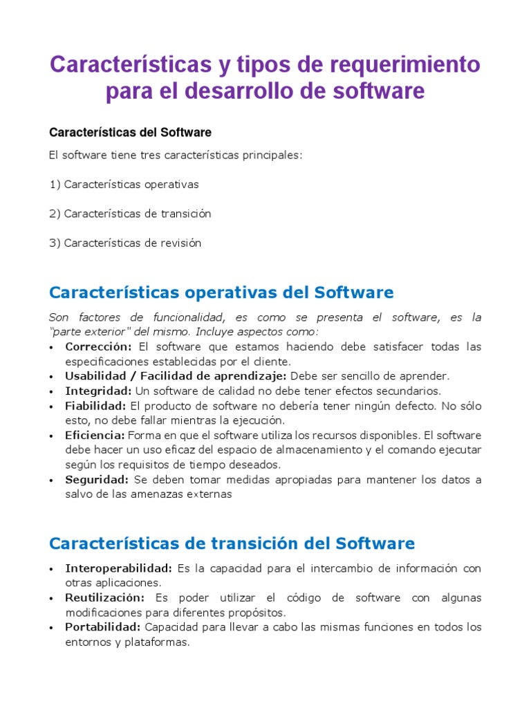 Características y Tipos de Requerimiento para El Desarrollo de Software ...