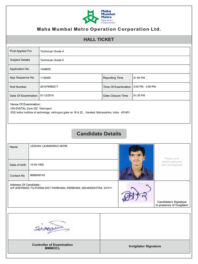 Admit Card Format | PDF | Identity Document | Government Information