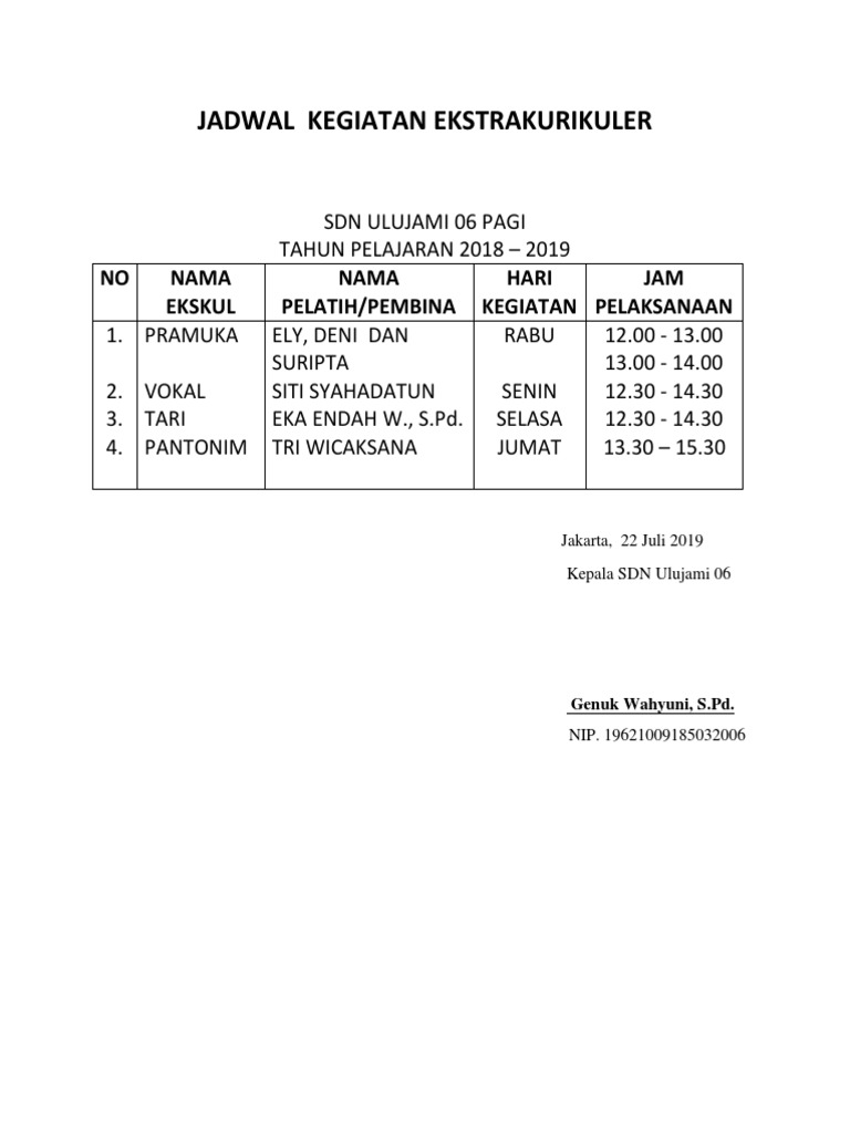Jadwal Kegiatan Ekstrakurikuler | PDF